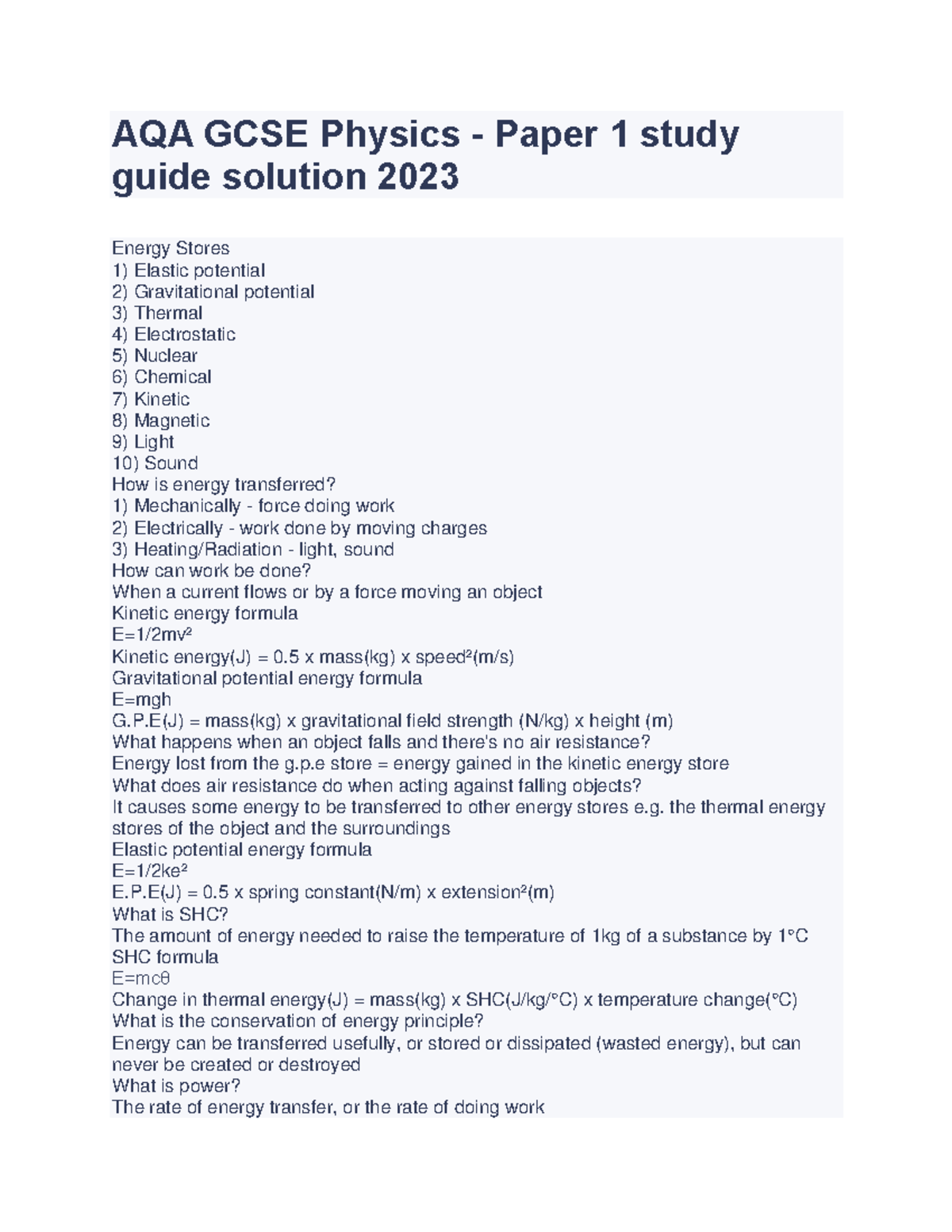 AQA GCSE Physics - Paper 1 study guide solution 2023 - P(J) = mass(kg) x gravitational field ...