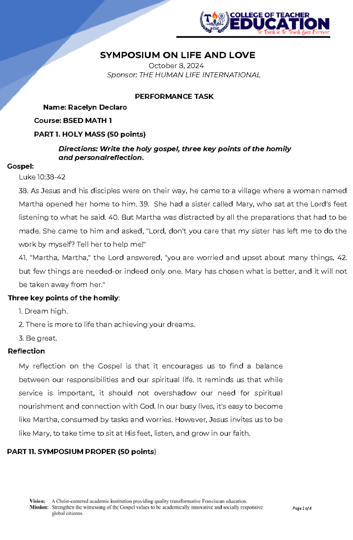 Symposium on life and love performance task - SYMPOSIUM ON LIFE AND ...