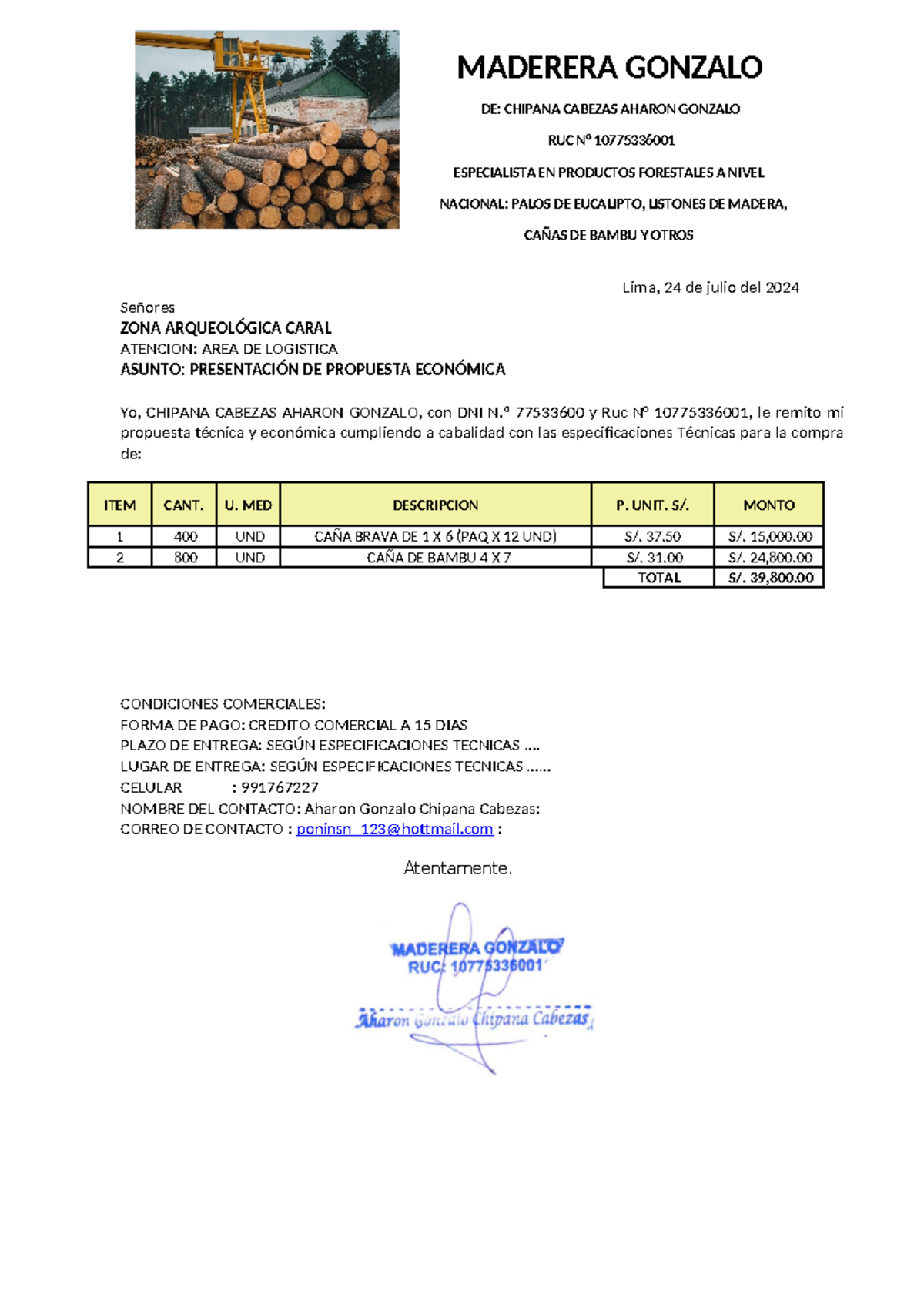 CAÑA Bambu - dddddd - MADERERA GONZALO DE: CHIPANA CABEZAS AHARON GONZALO RUC N° 10775336001 ...