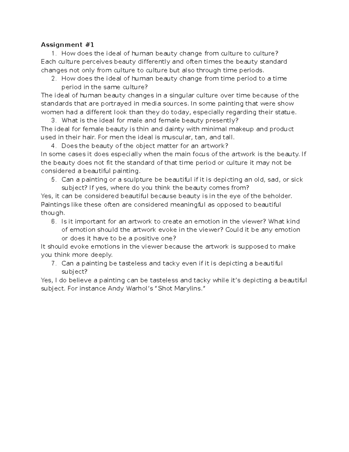 Art 101 - Assignment 1 - Assignment # 1. How does the ideal of human beauty change from culture ...