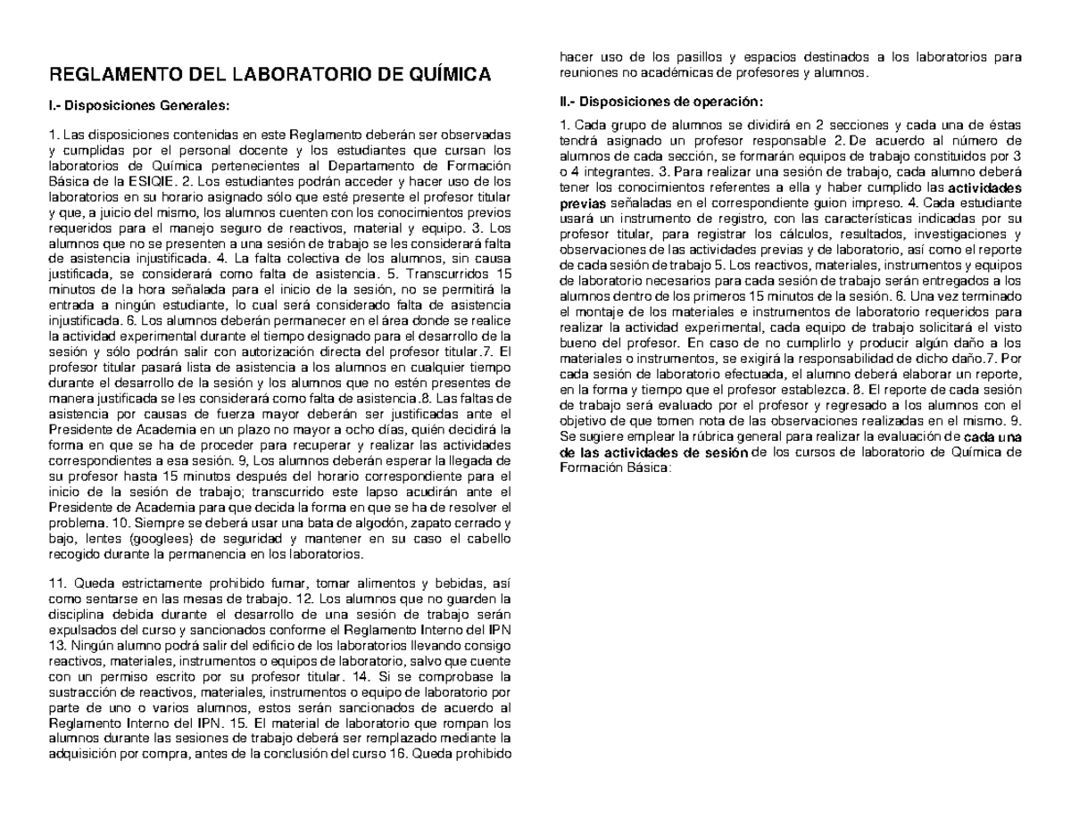 Reglamento lab quimica - REGLAMENTO DEL LABORATORIO DE QUÍMICA I.- Disposiciones Generales: Las ...