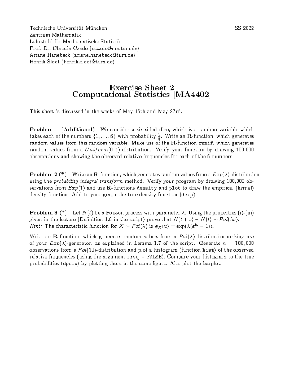 MA4402 Comp Stat Exercise Sheet 2 - Technische Universit ̈at M ̈unchen ...