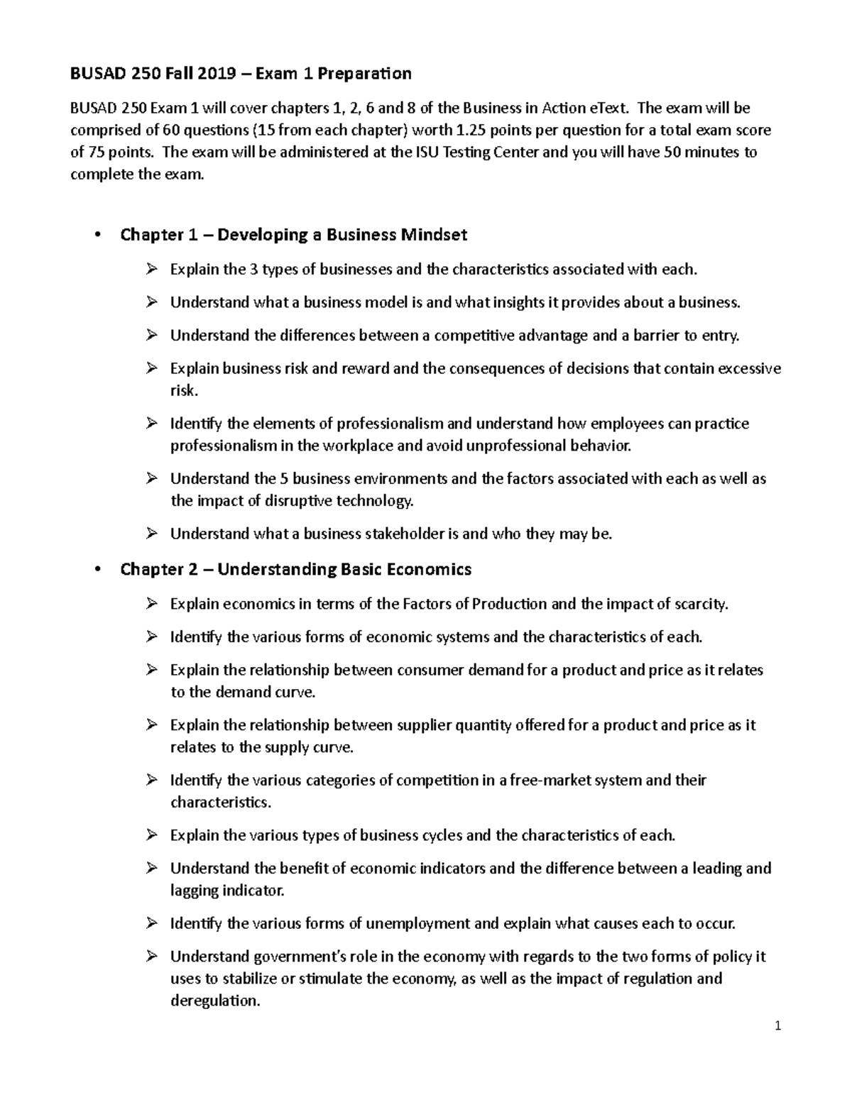 Busad 250 Fall 2019 Exam 1 Study Guide - BUSAD 250 Fall 2019 – Exam 1 ...