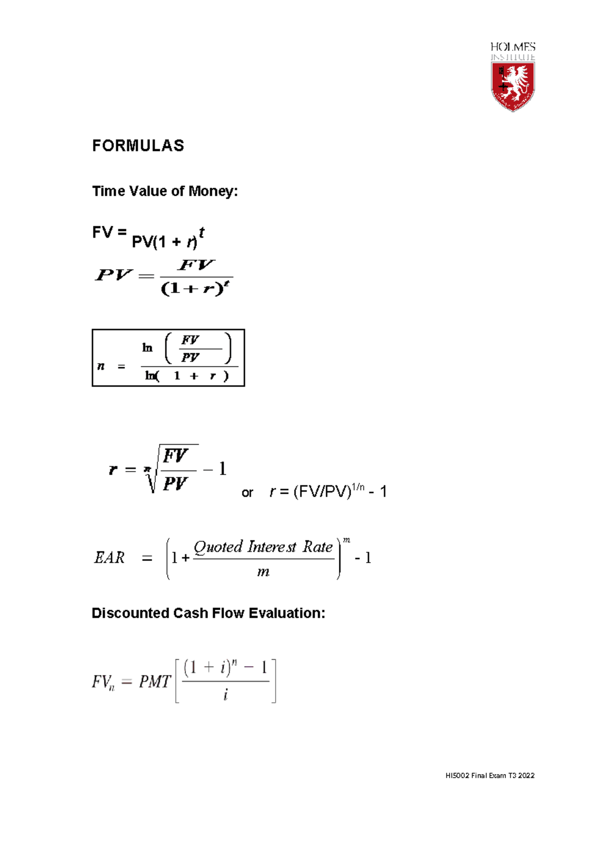 Formula Sheet - lecture for capital budgeting - FORMULAS ####### Time ...