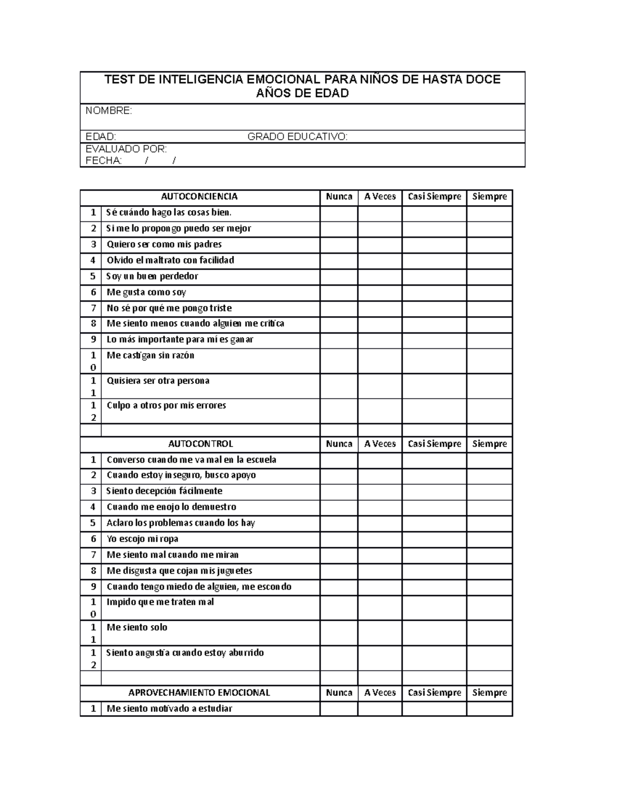 TEST DE Inteligencia Emocional PARA Niños DE Hasta DOCE AÑOS DE EDAD ...