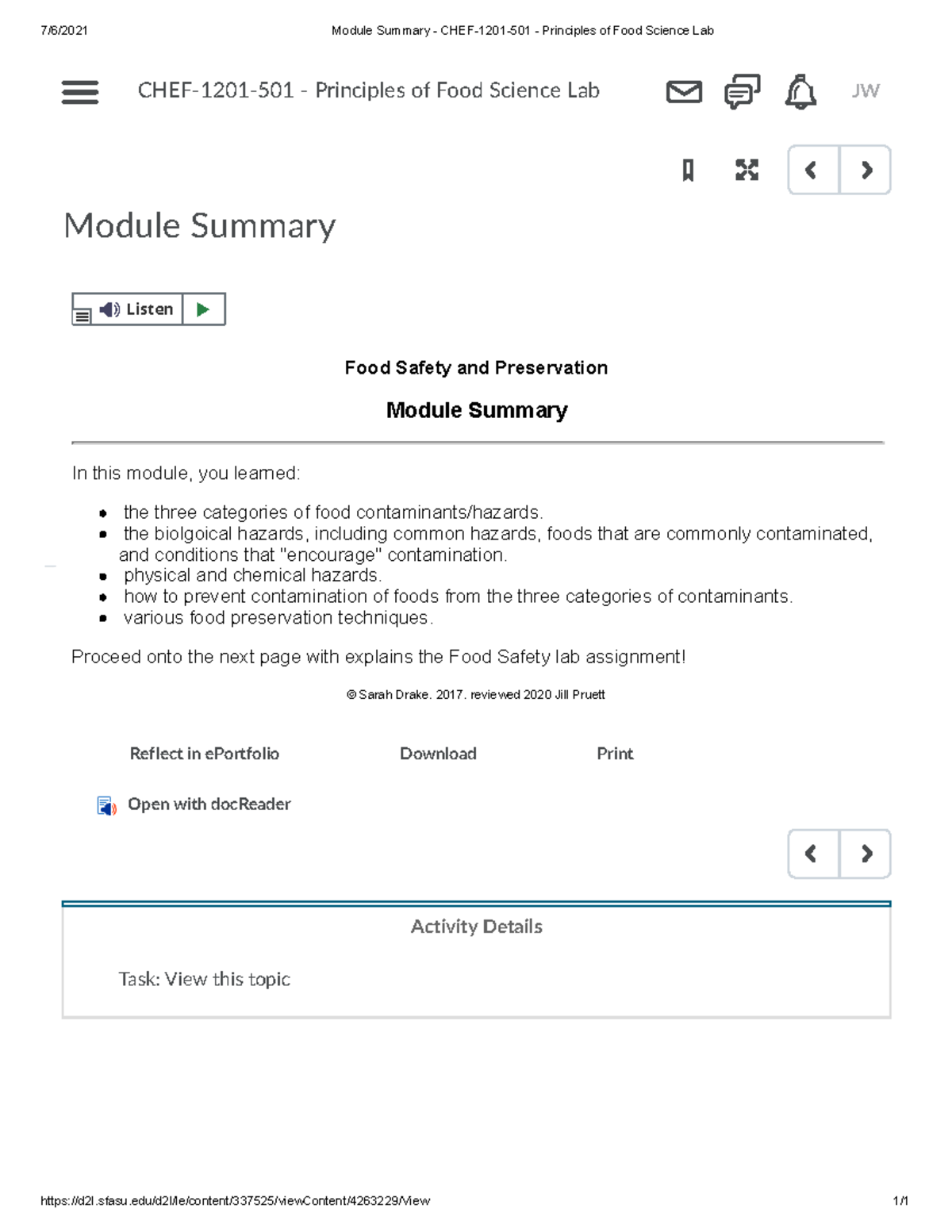 Module Summary - CHEF-1201-501 - Principles of Food Science Lab - - Studocu