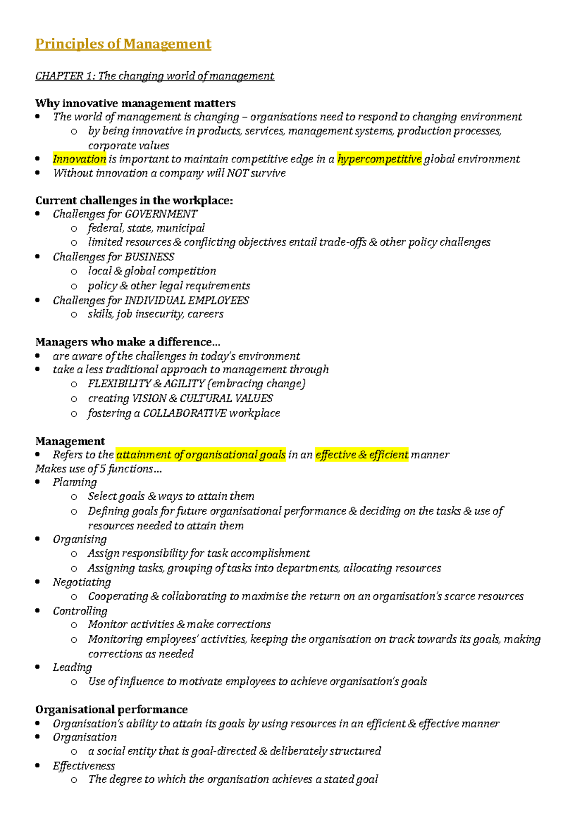 Principles of Mgmnt Notes CHAP1 (week1) - Principles of Management ...