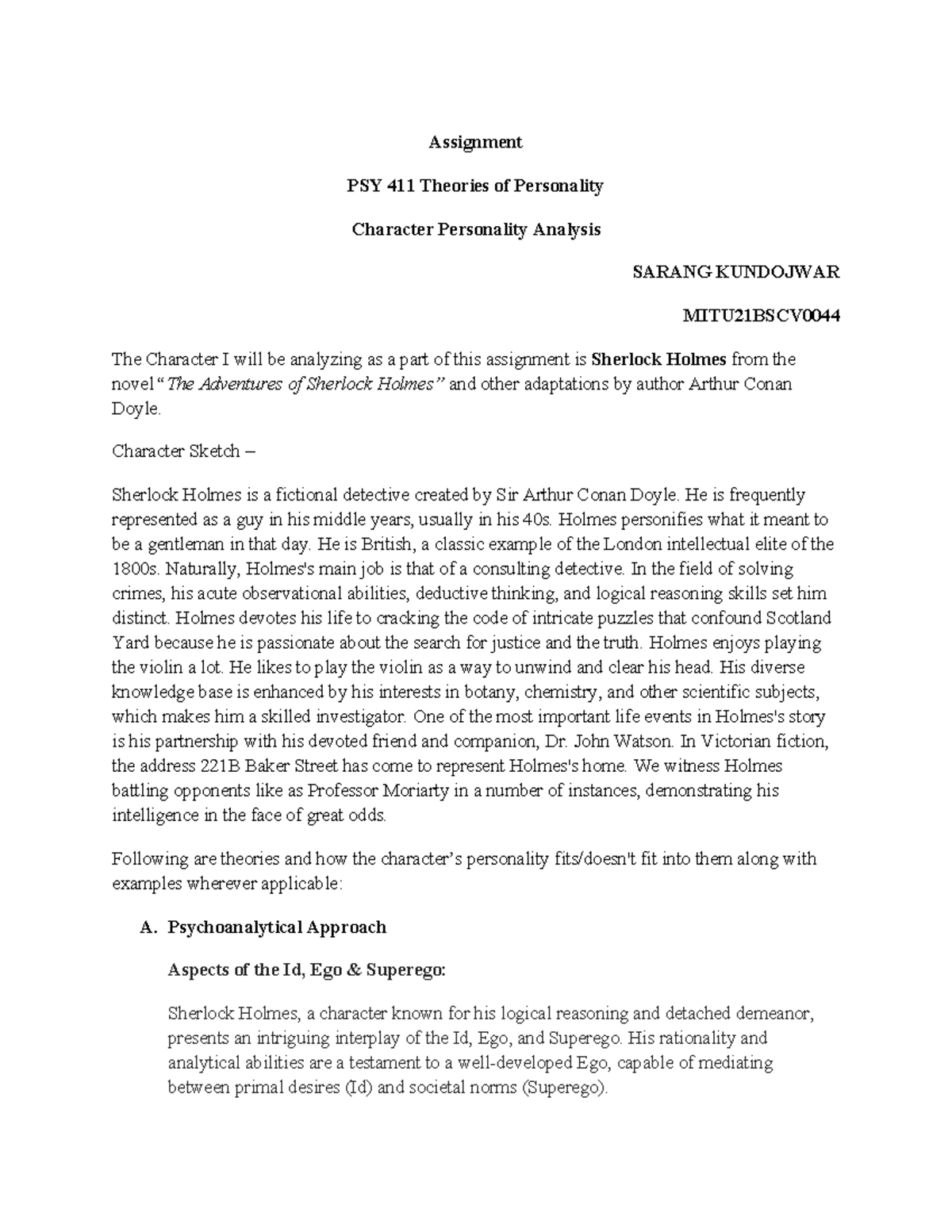 Character Analysis Assignment - Assignment PSY 411 Theories of ...