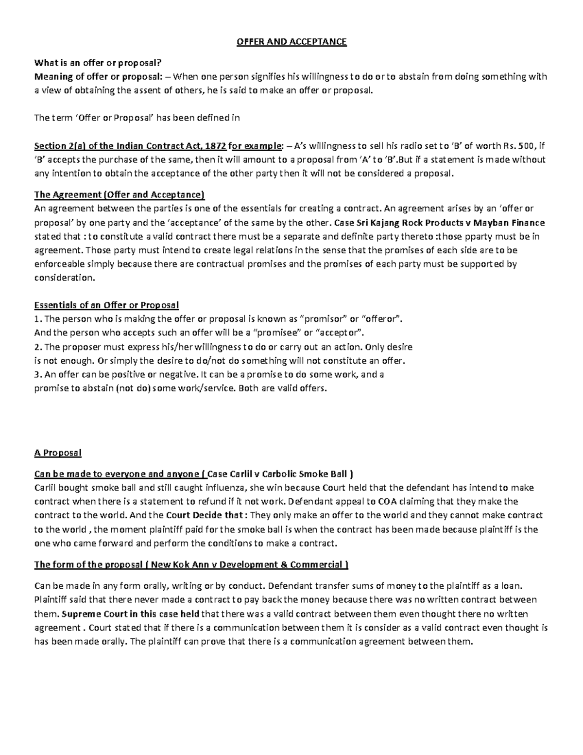 Notes LAW OF Contracts SEM 3 - OFFER AND ACCEPTANCE What is an offer or ...
