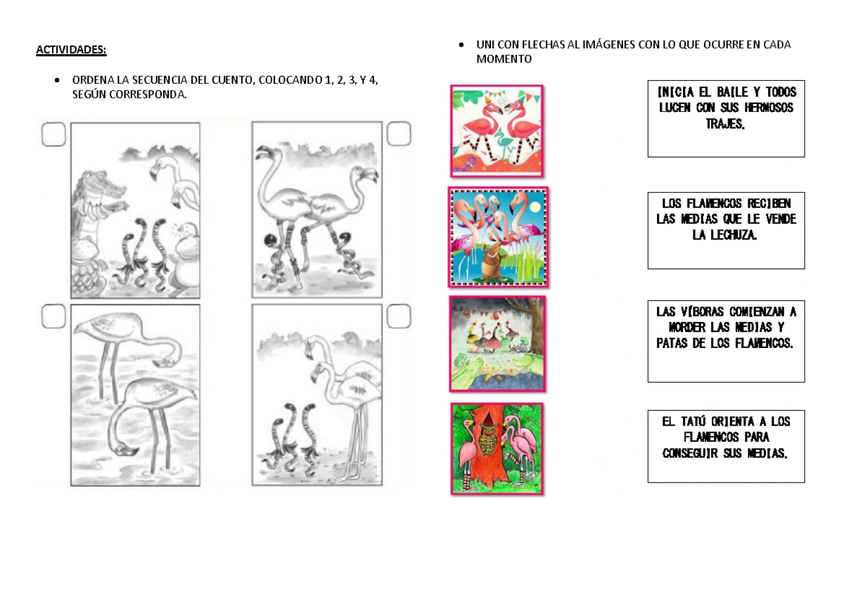 Actividades de Las medias de los flamencos - ACTIVIDADES: ORDENA LA SECUENCIA DEL CUENTO, - Studocu