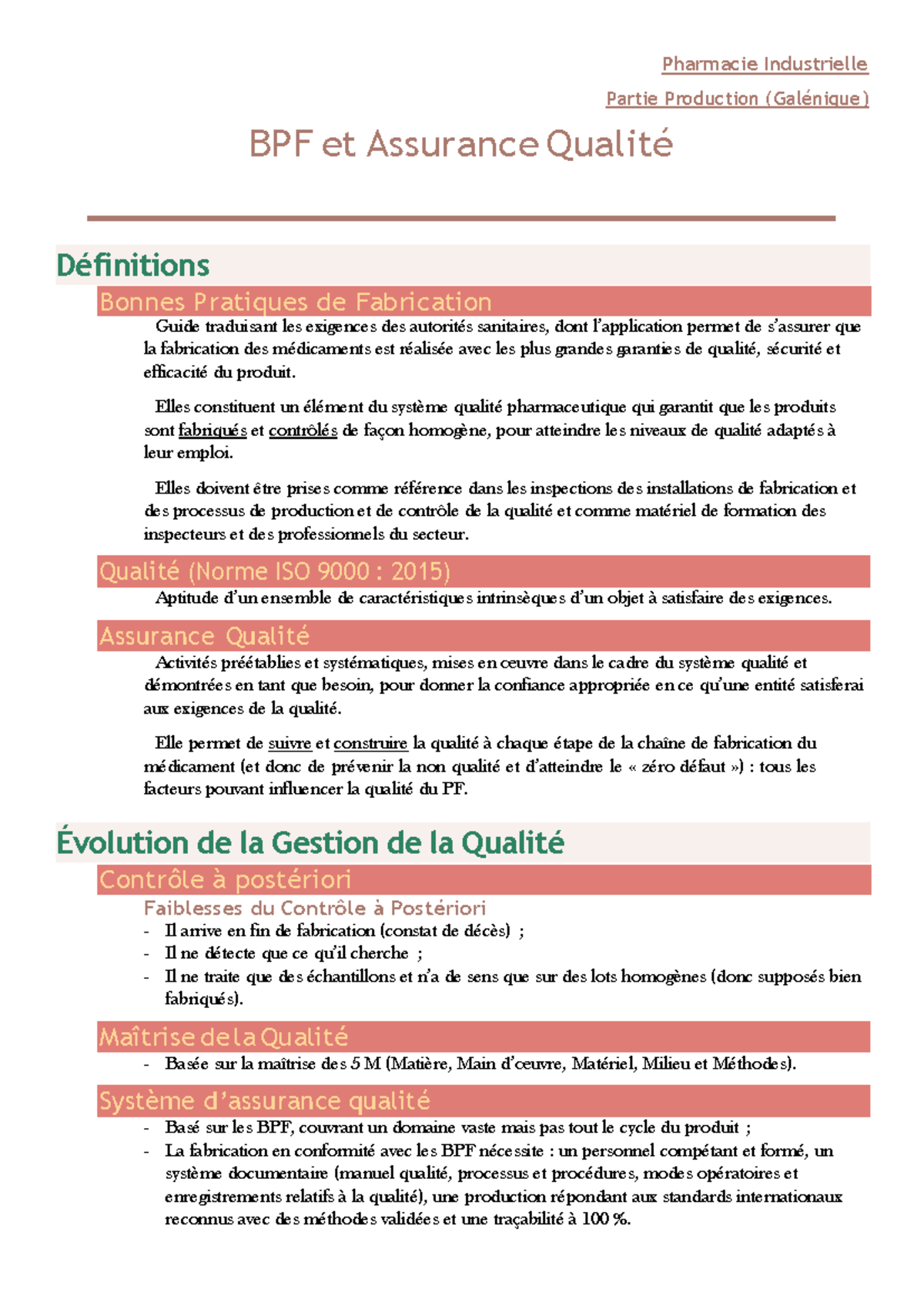 BPF et assurance qualité - Bonnes Pratiques de Fabrication Contrôle à postériori Pharmacie - Studocu