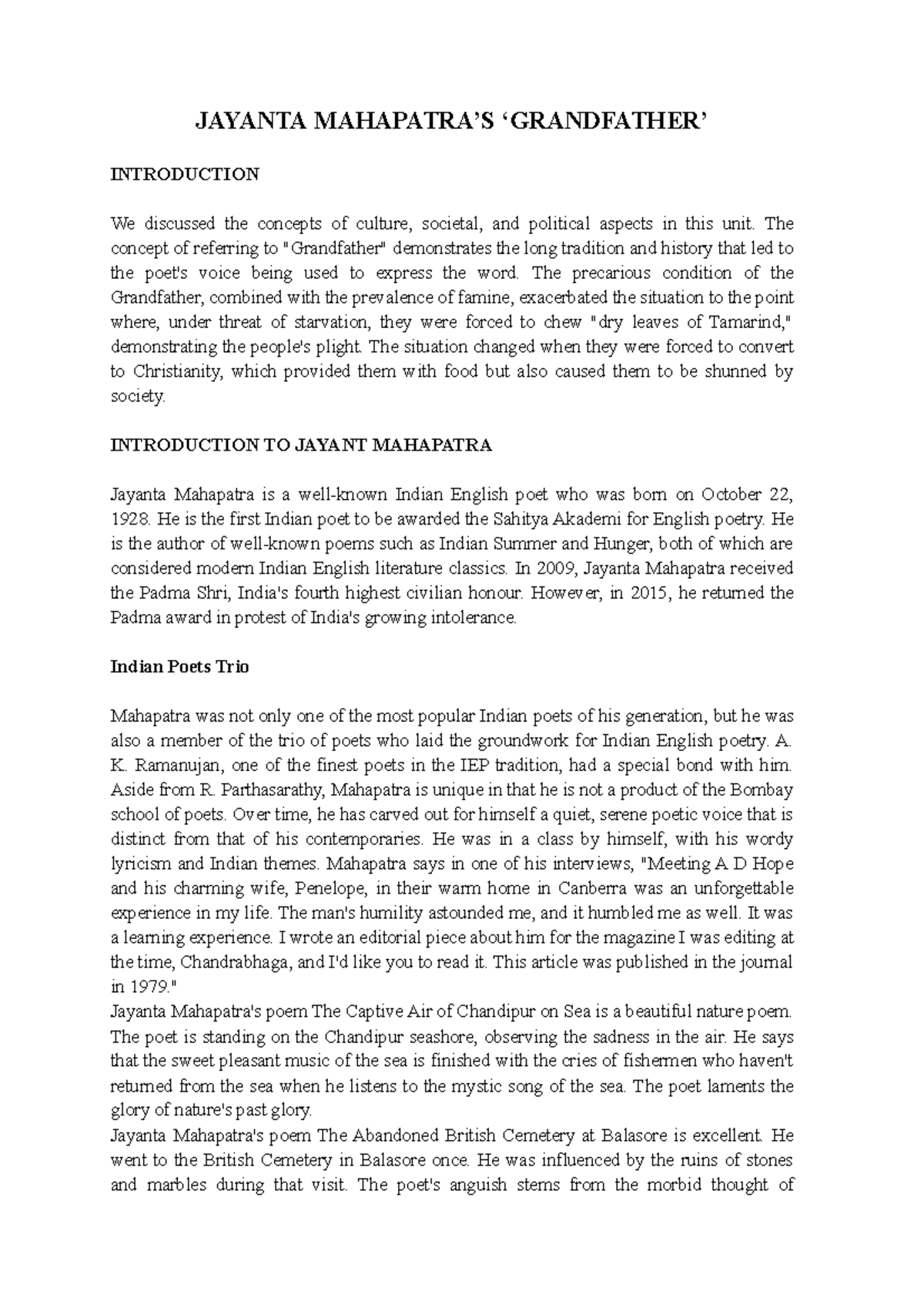 Jayanta Mahapatra’S ‘ Grandfather’ - JAYANTA MAHAPATRA’S ‘GRANDFATHER ...