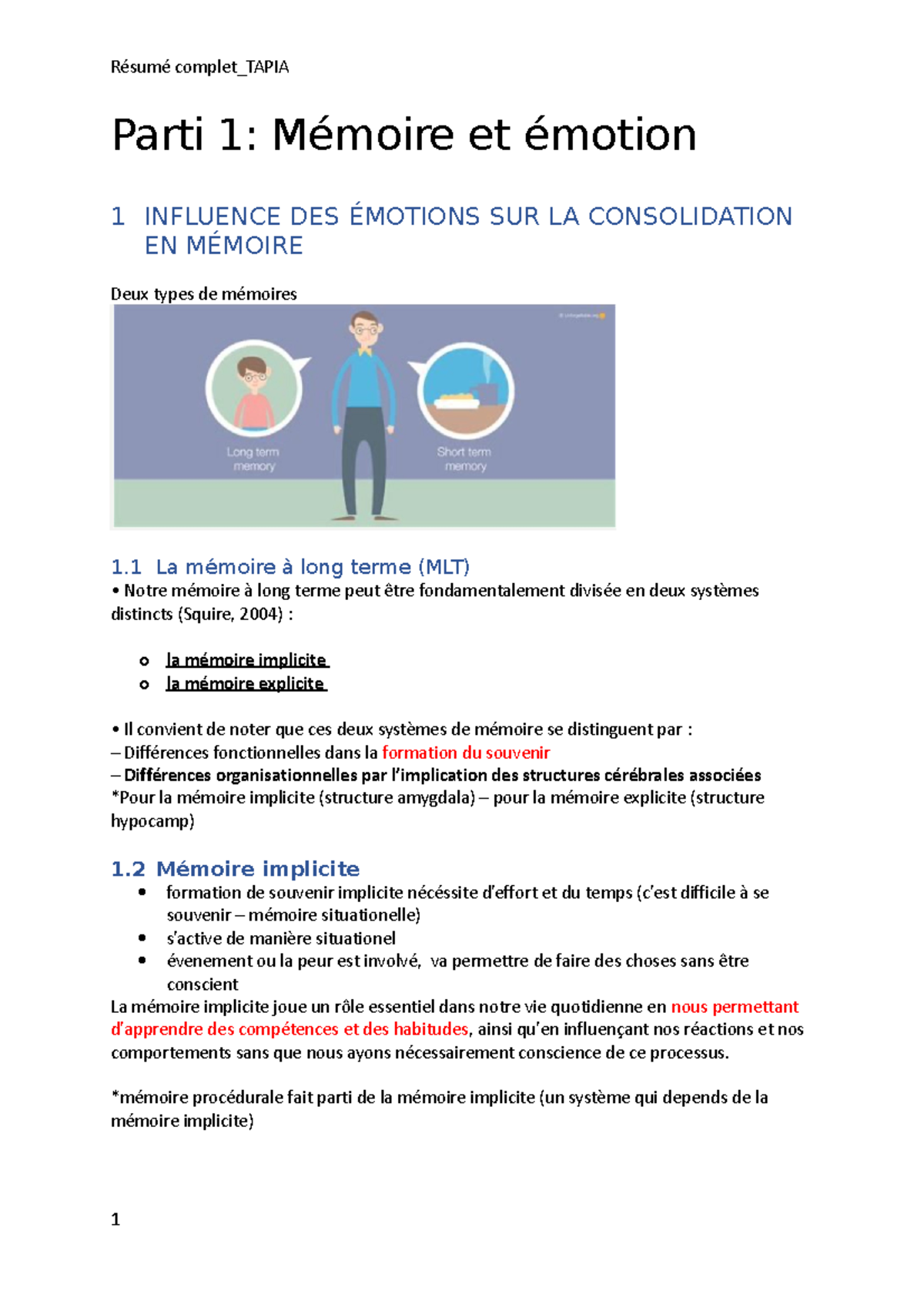 Résumé cours complet Mémoire et émotion - Parti 1: Mémoire et émotion 1 ...