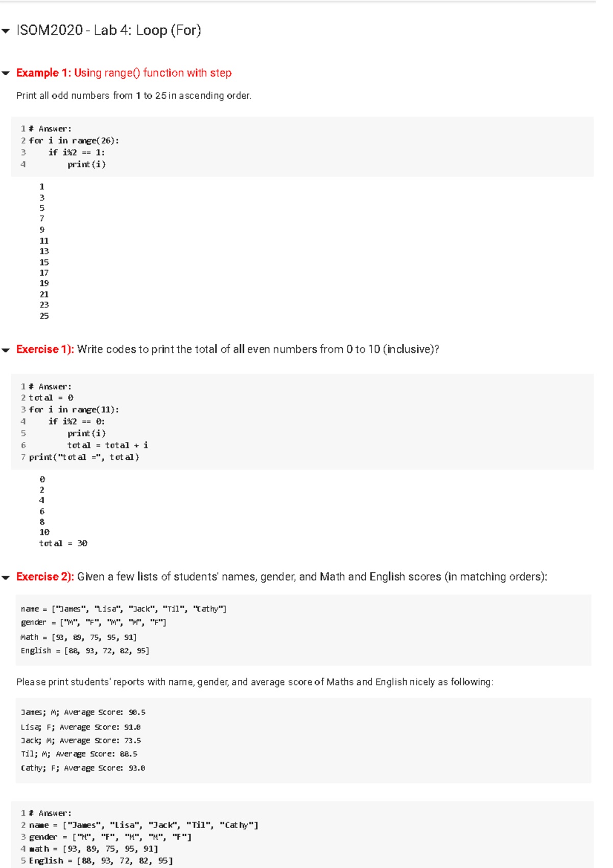 Topic 4 Lab Answer - lab ans - ISOM2020 - Lab 4: Loop (For) Print all odd numbers from 1 to 25 ...