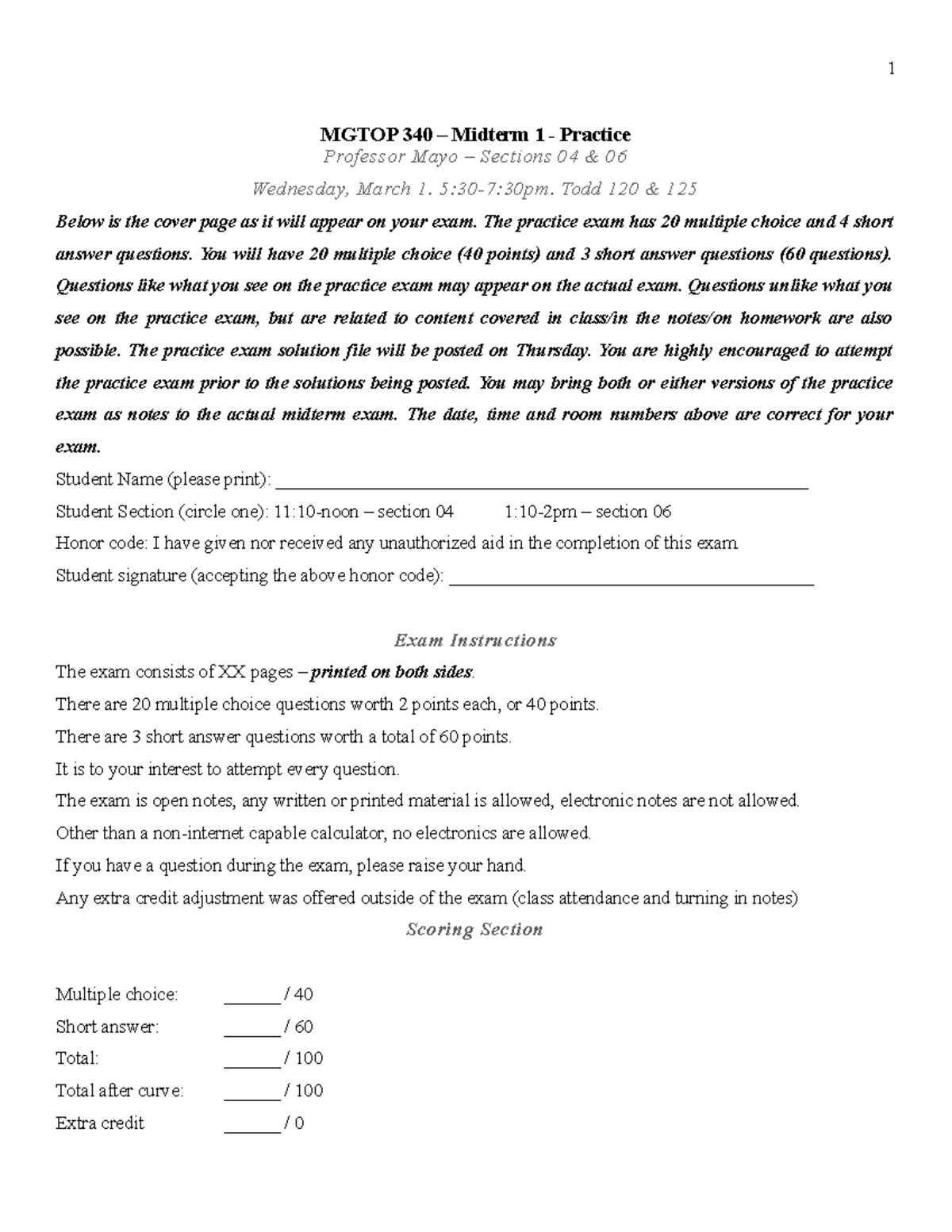 MGTOP 340 Midterm 1 - Practice Exam - MGTOP 340 – Midterm 1 - Practice Professor Mayo – Sections ...