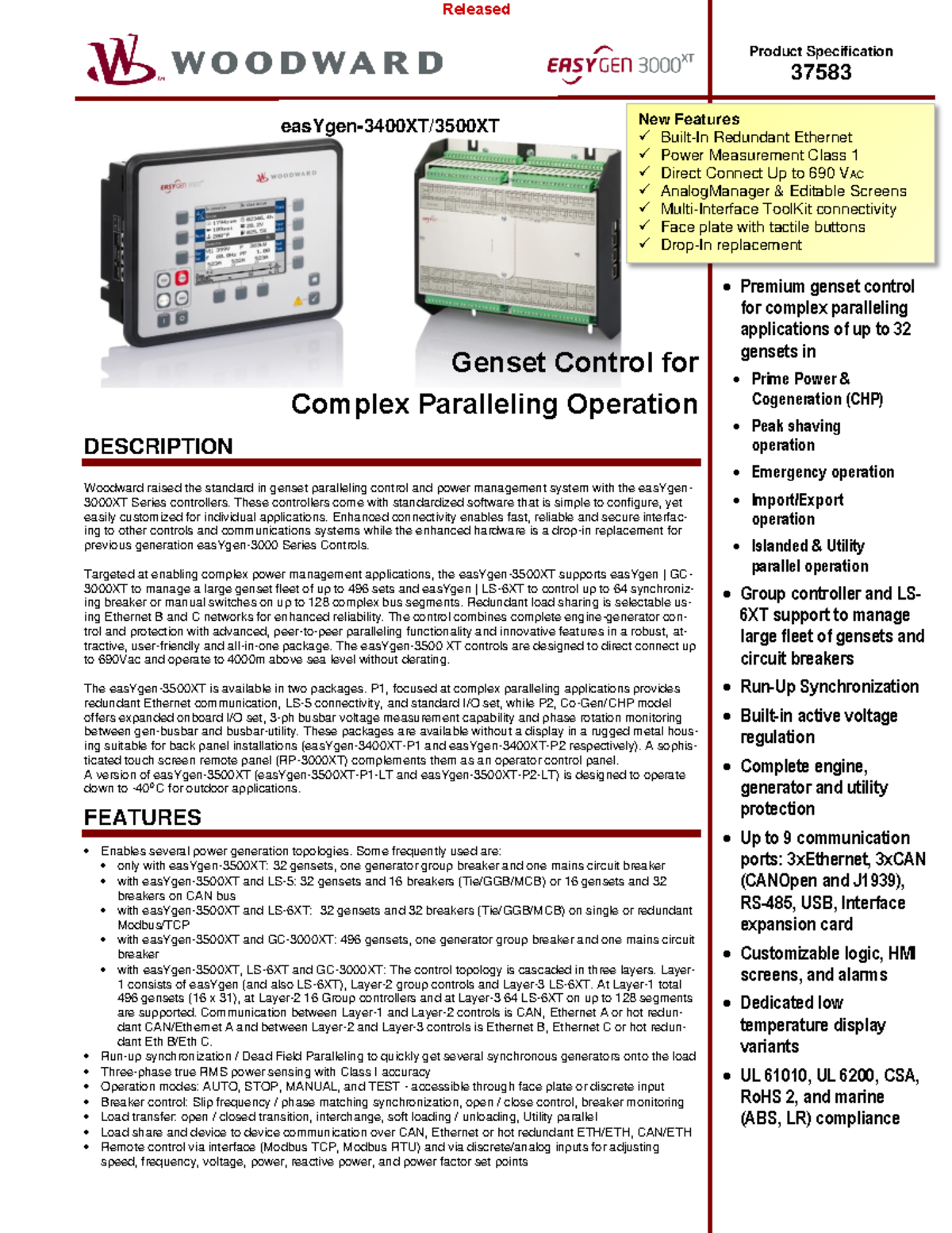 37583 - data sheet easYgen-3400XT/3500XT - ####### Product Specification 37583 easYgen-3400XT ...