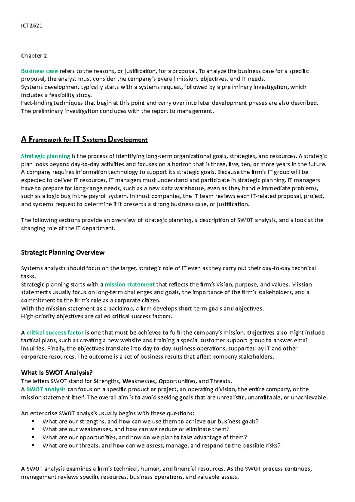 ICT2621 Chapter 2 Notes from Textbook - ICT Chapter 2 Business case ...