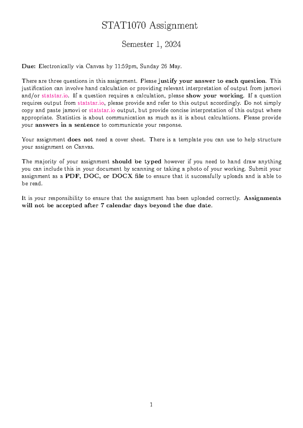 2024 Sem 2 Assignment Qs - STAT1070 Assignment Semester 1, 2024 Due: Electronically via Canvas ...