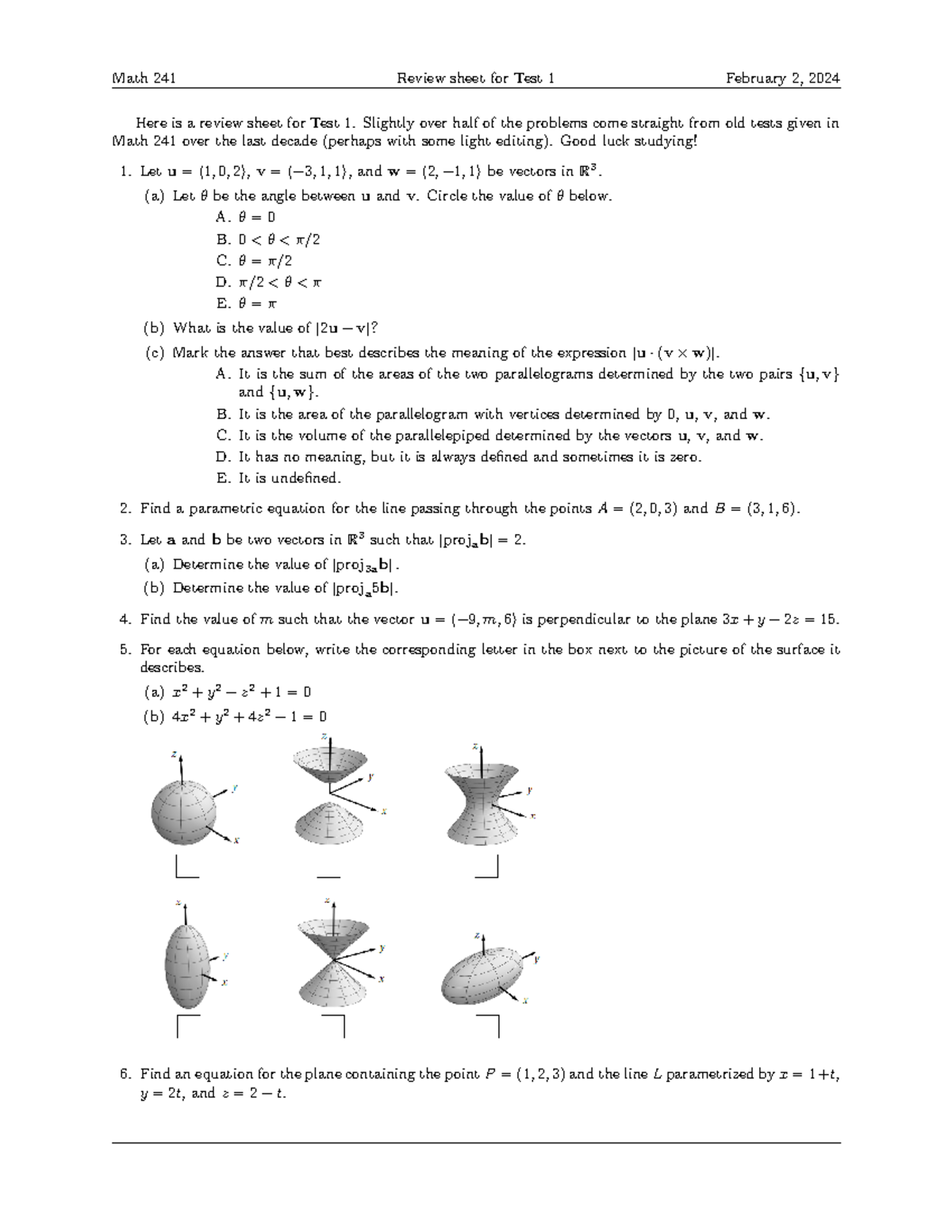 Test 1 review sheet - Math 241 Review sheet for Test 1 February 2, 2024 ...