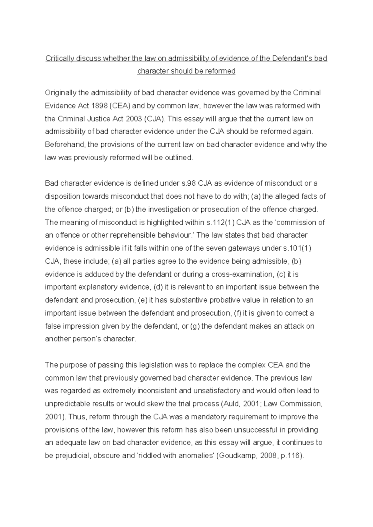 Sample Evidence Essay-Character - Critically discuss whether the law on ...