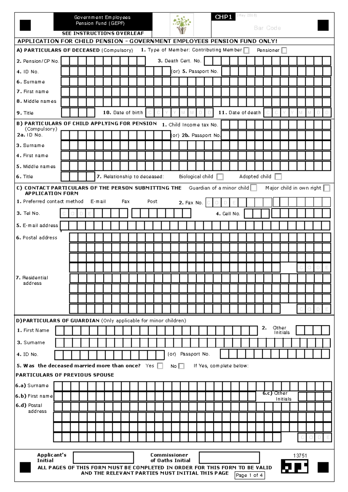 CHP1 Child Pension Application form - CHP Bar Code Government Employees ...