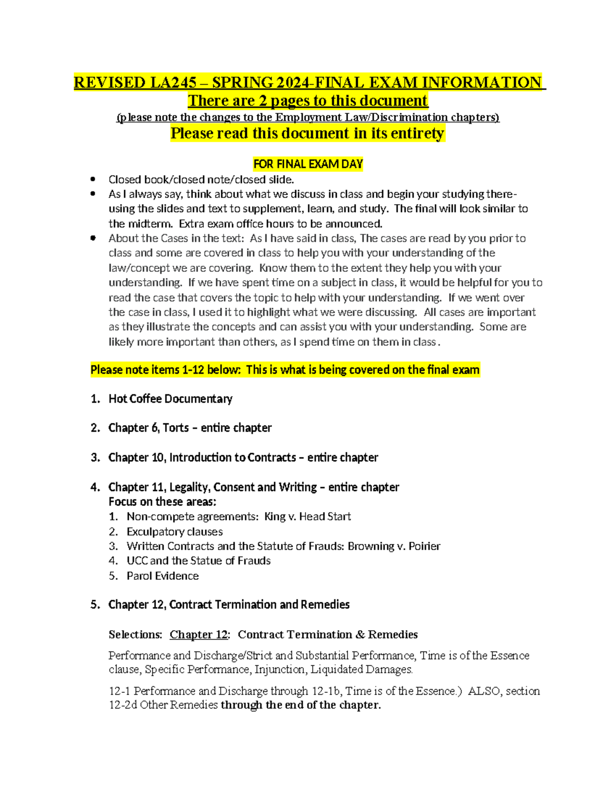 Final EXAM INFO - LA245 Spring 2024 - REVISED LA245 – SPRING 2024-FINAL ...