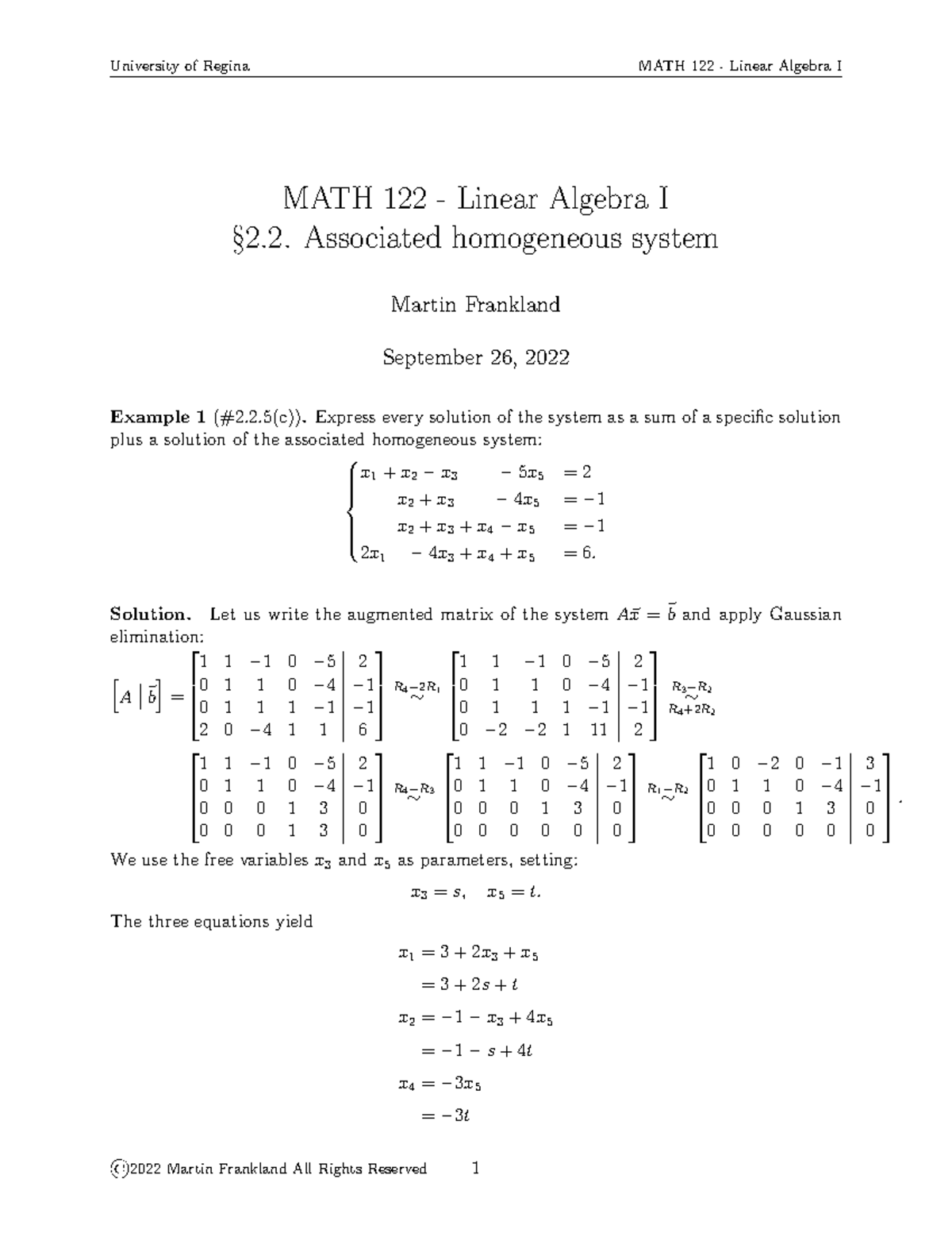 Math122 2-2 Homogeneous System - MATH 122 - Linear Algebra I 2. Associated homogeneous system ...