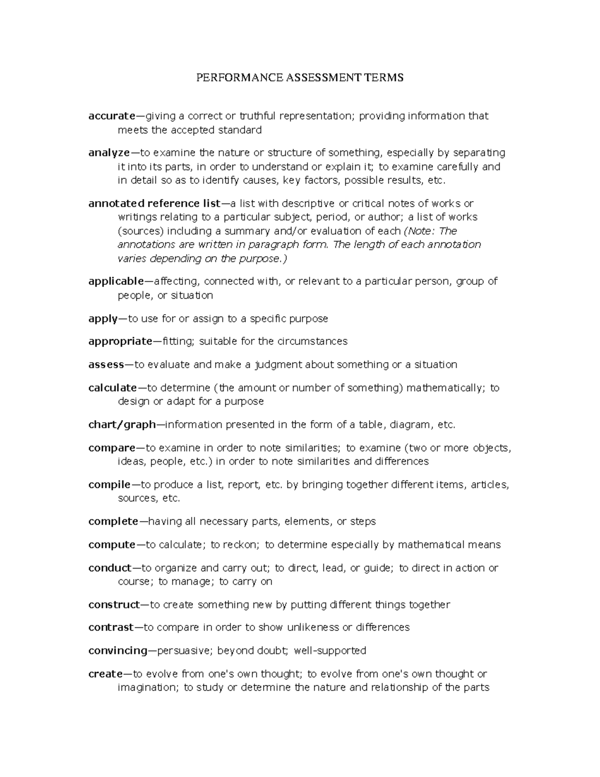 Performance Assessment Terms - PERFORMANCE ASSESSMENT TERMS - Studocu