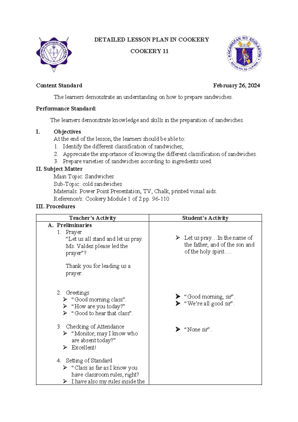 DLP 3 COLD Sandwiches Final - DETAILED LESSON PLAN IN COOKERY COOKERY ...
