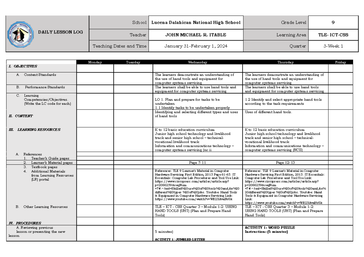 1-TLE-CSS-DLL-jan 31-feb 1-W1 - DAILY LESSON LOG School Lucena Dalahican National High School ...