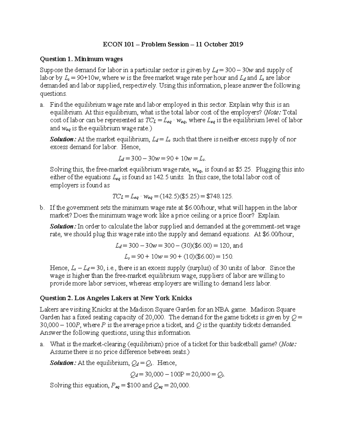 Problem Session 2 - Answers - ECON 101 – Problem Session – 11 October ...