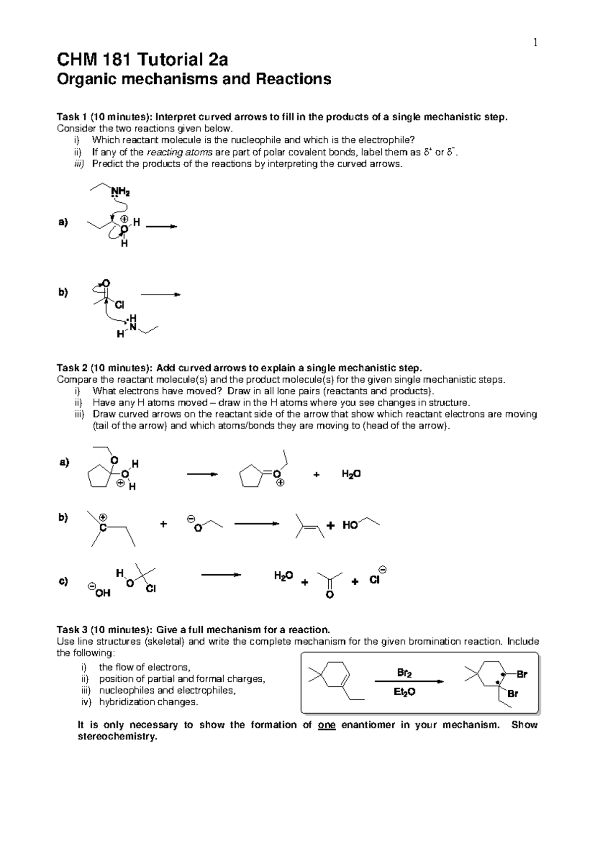 Tutorial 2 organic chemistry - 1 CHM 181 Tutorial 2a Organic mechanisms ...