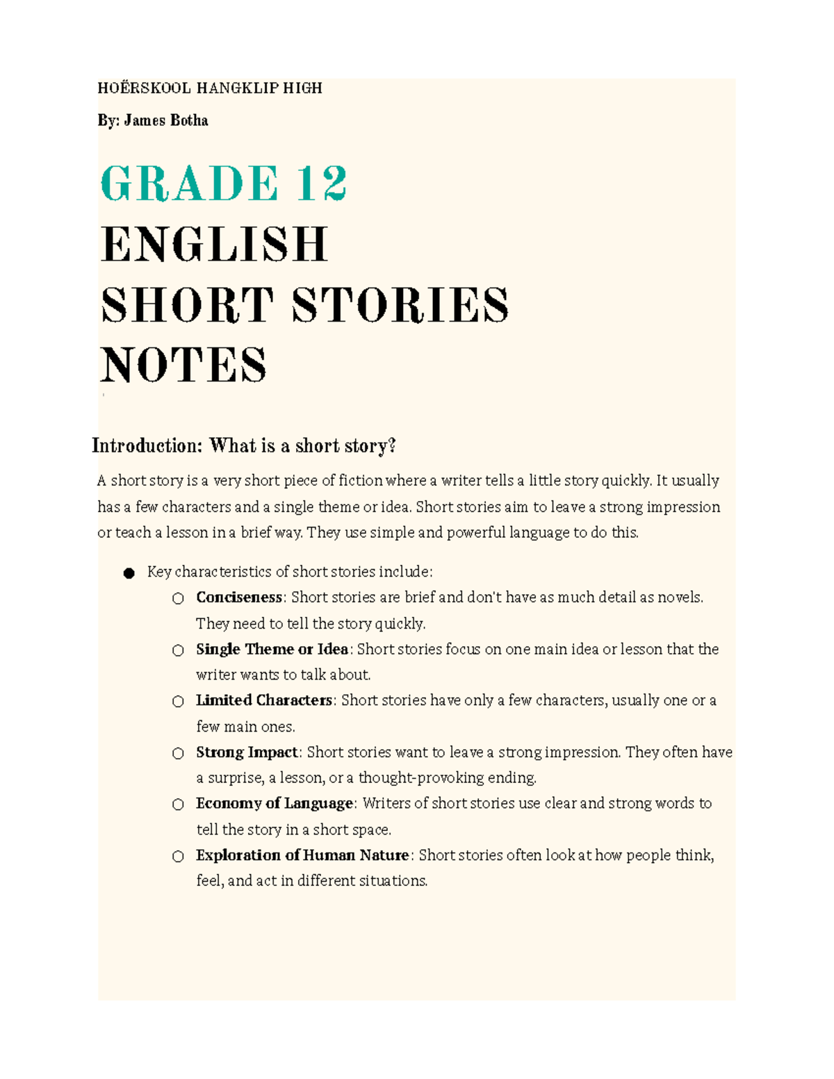 Class notes - HOËRSKOOL HANGKLIP HIGH By: James Botha GRADE 12 ENGLISH ...