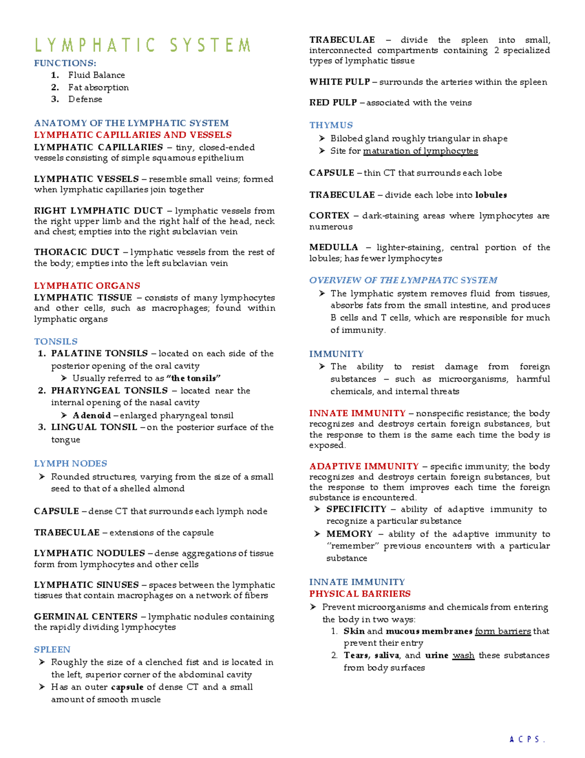 Lympathic System - Nursing Note - A C P S. L Y M P H A T I C S Y S T E ...
