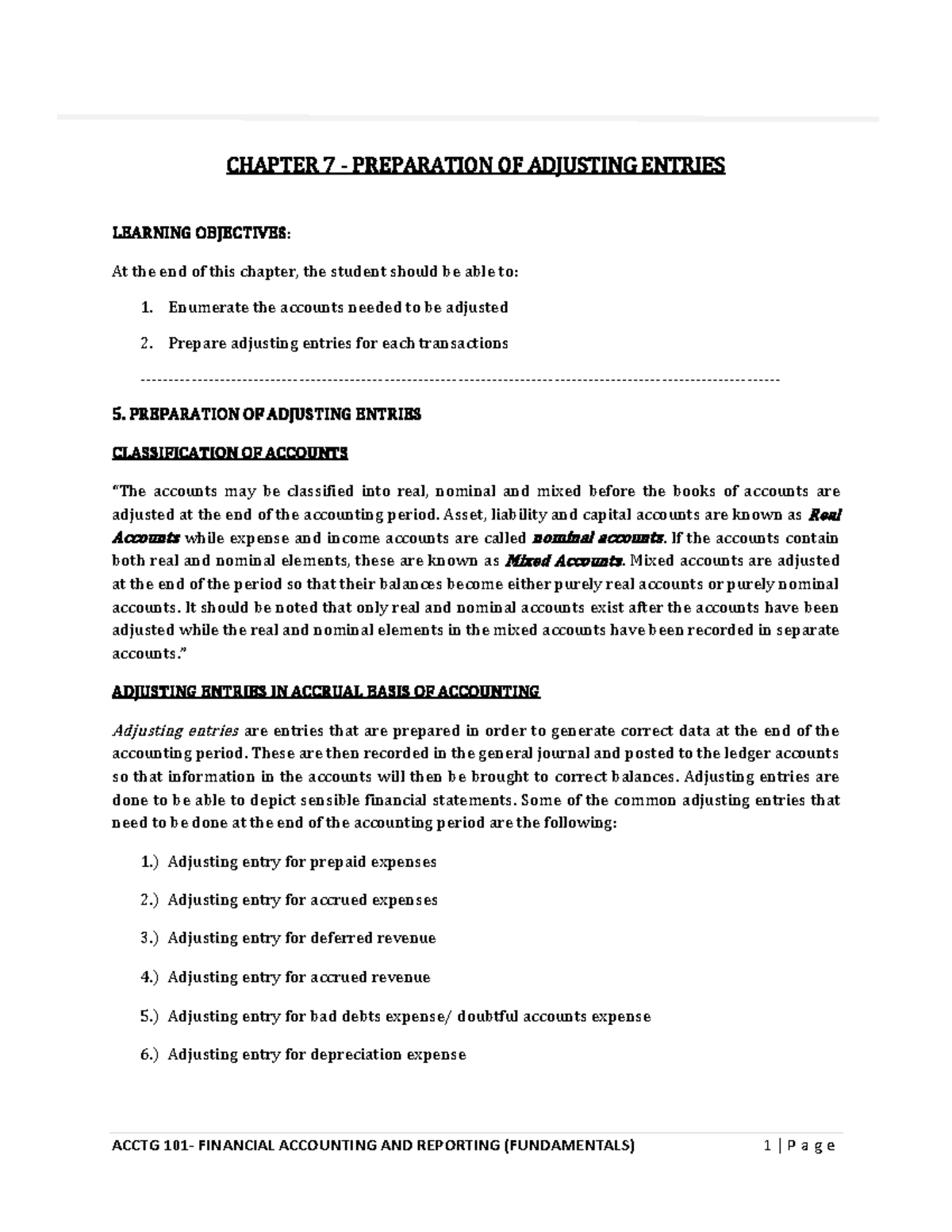Chapter 7 acctg - lectures and notes - CHAPTER 7 - PREPARATION OF ...