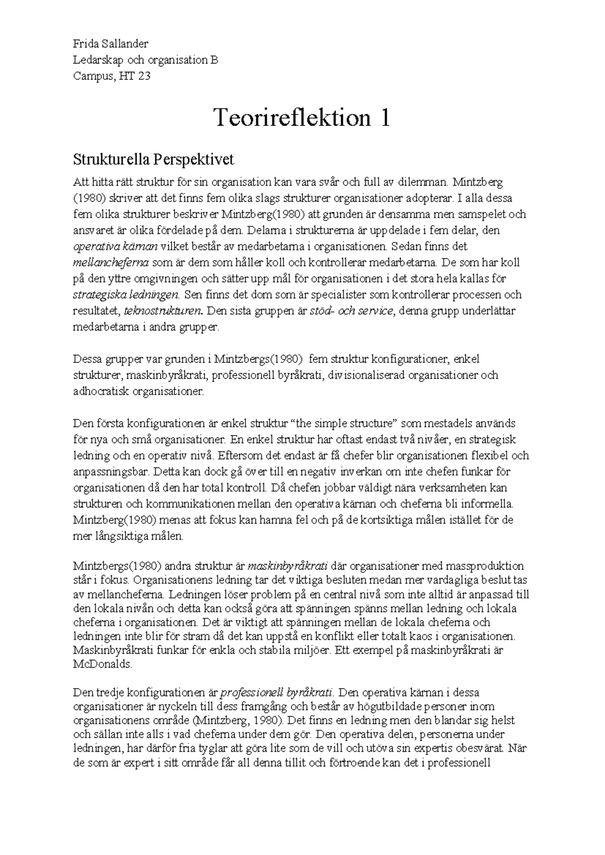 Teorireflektion 1 - Strukturella perspektivet - Ledarskap och ...