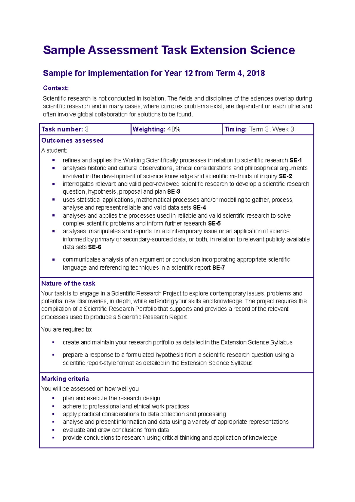 Science extension year 12 sample assessment task scientific research ...