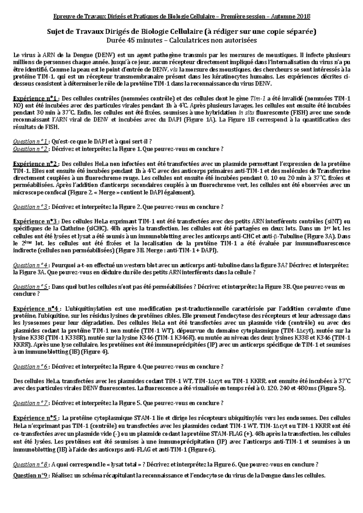 Exam TD Bio Cell-Janv 2019 - Epreuve de Travaux Dirigés et Pratiques de Biologie Cellulaire ...