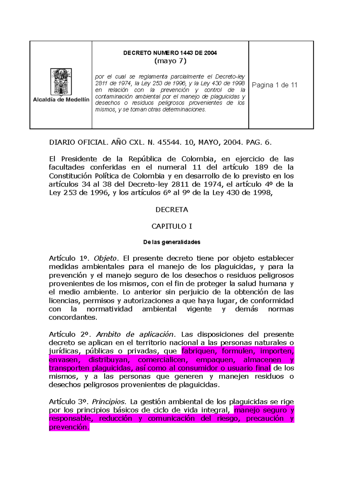 Decreto 1443 de 2004 plaguicidas - DECRETO NUMERO 1443 DE 2004 (mayo 7 ...