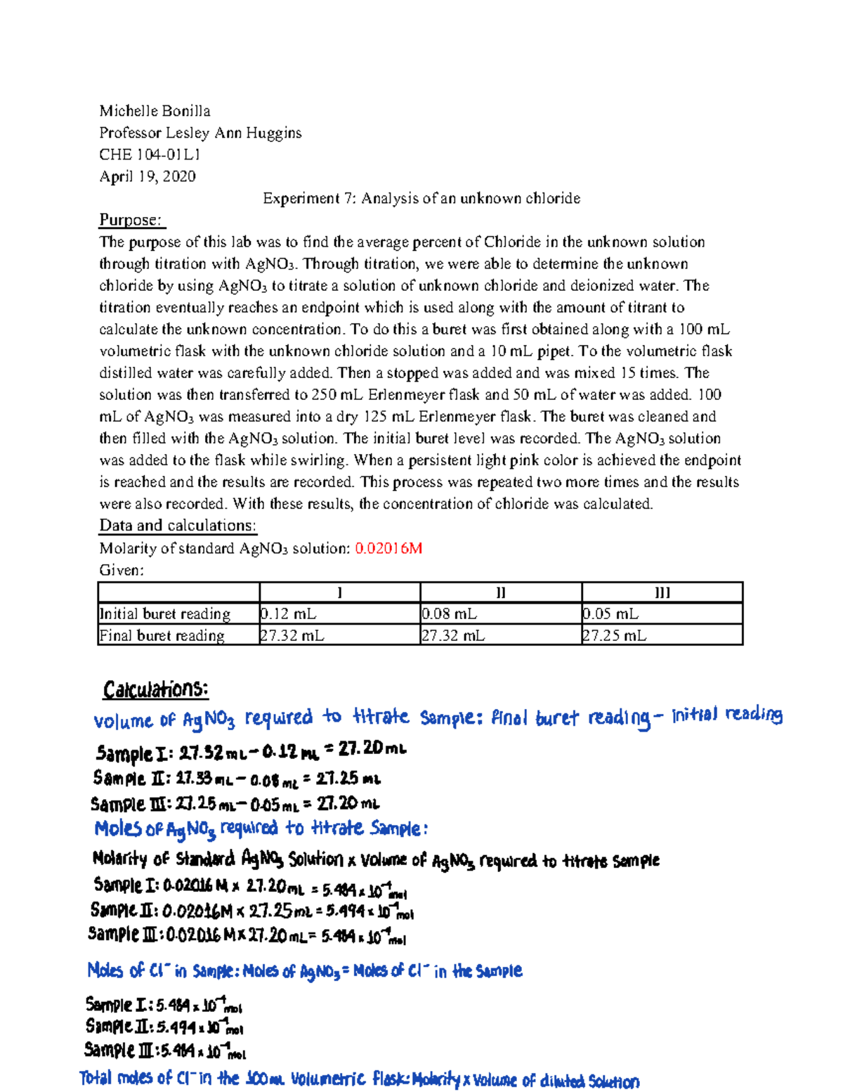 CHE 104 post-lab reflection (Experiment 7) - Michelle Bonilla Professor ...