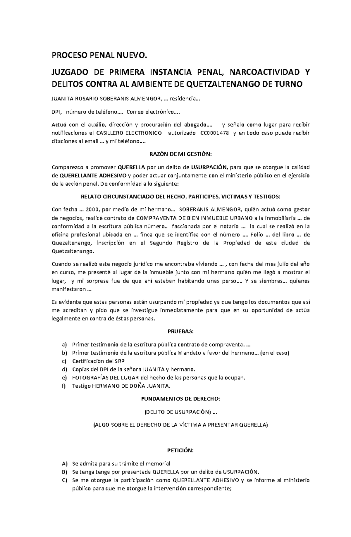 Modelo De Querella Hecho En Clase Derecho Procesal Penal USAC Studocu
