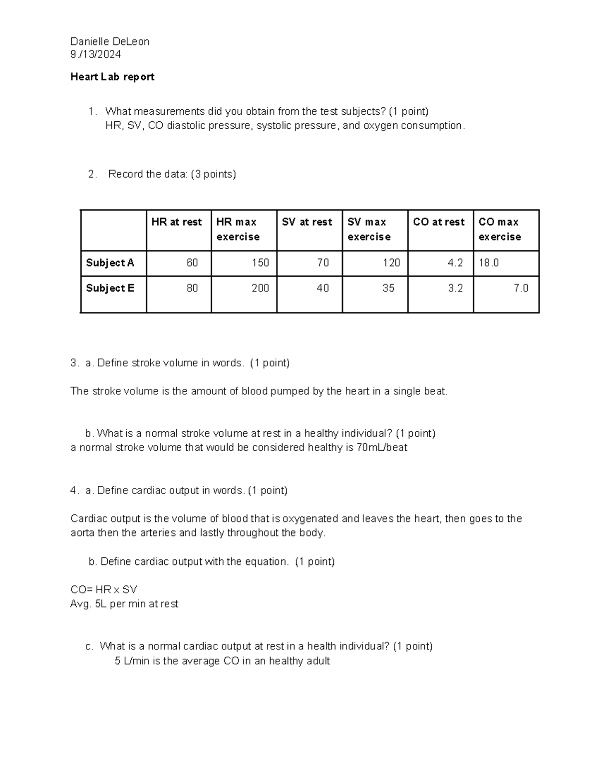 Lab Week 2 - lab report - Danielle DeLeon 9./13/ Heart Lab report 1. What measurements did you ...