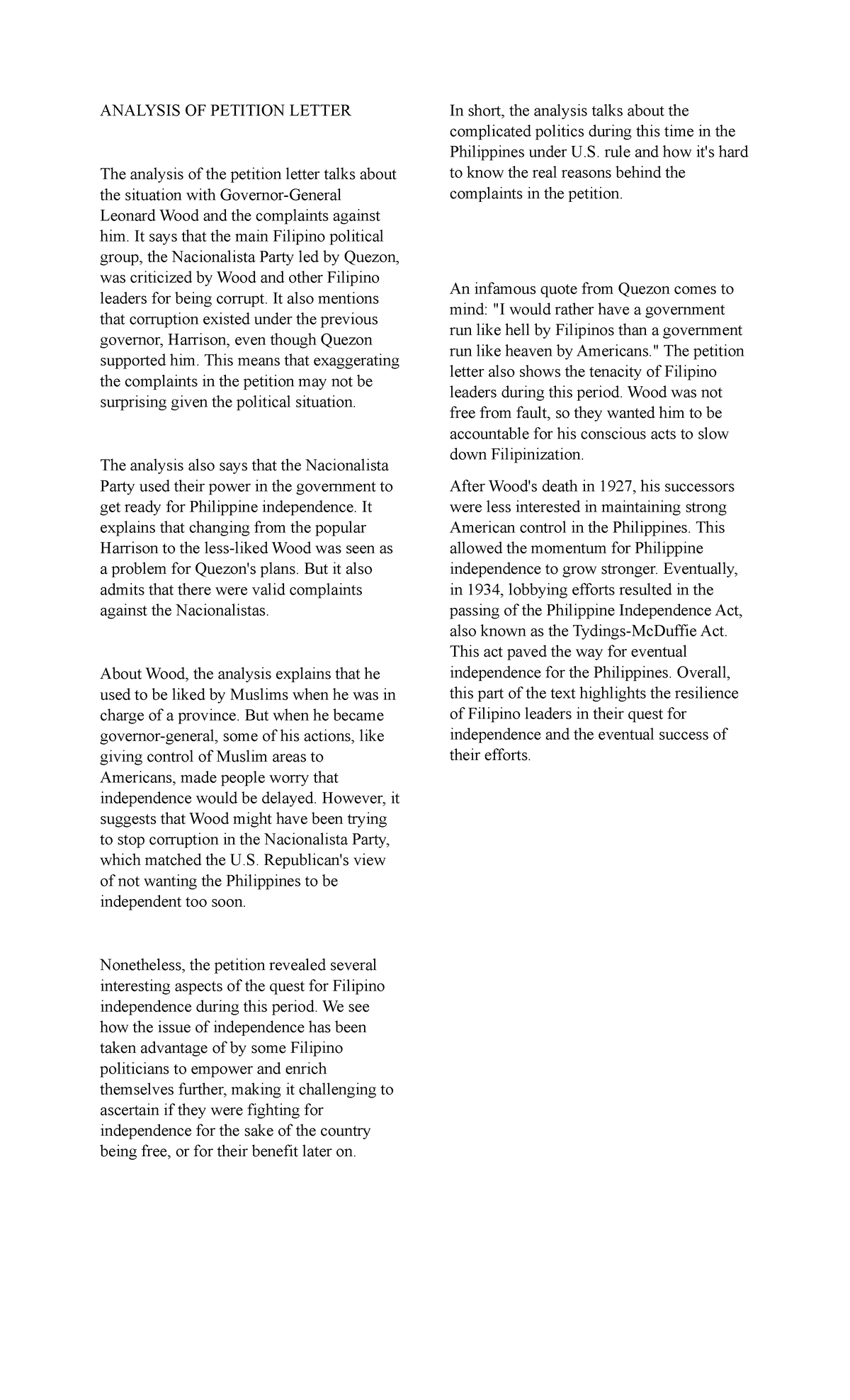 Analysis OF Petition Letter - ANALYSIS OF PETITION LETTER The analysis ...