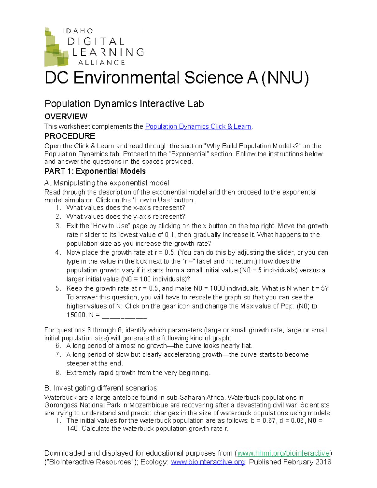 Population Dynamics Interactive Lab - DC Environmental Science A (NNU) Population Dynamics - Studocu