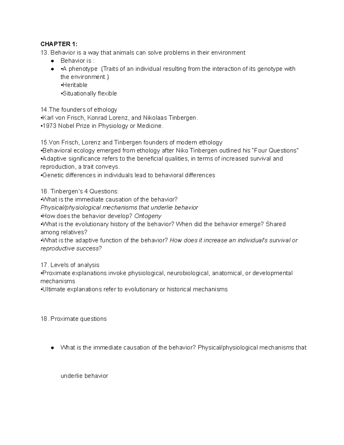 CBH Notes - CHAPTER 1: 13. Behavior is a way that animals can solve ...