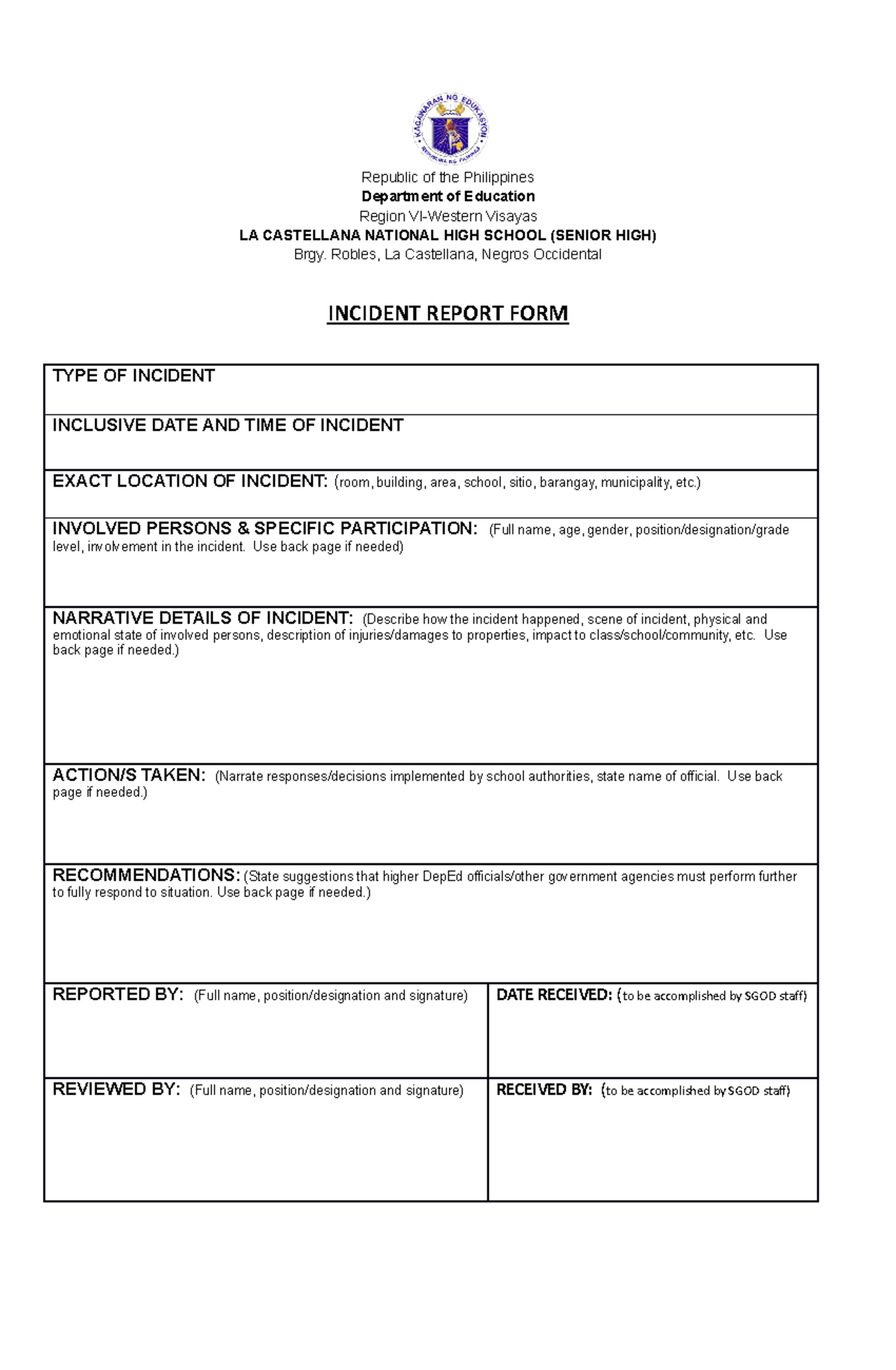 Incident Report Form Republic Of The Philippines Department Of Education Region Vi Western