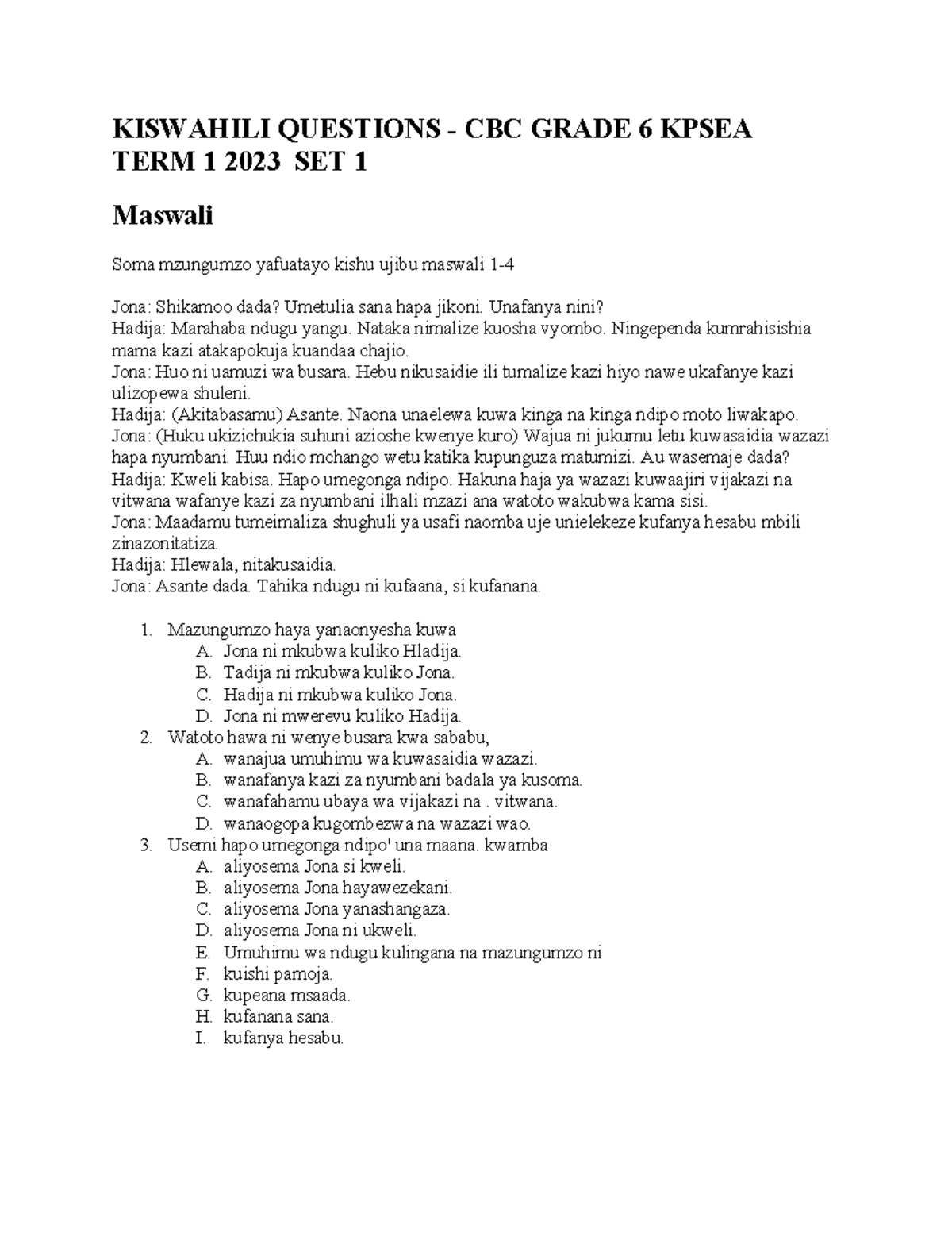 Kiswahili- Questions - Revisional - KISWAHILI QUESTIONS - CBC GRADE 6 ...