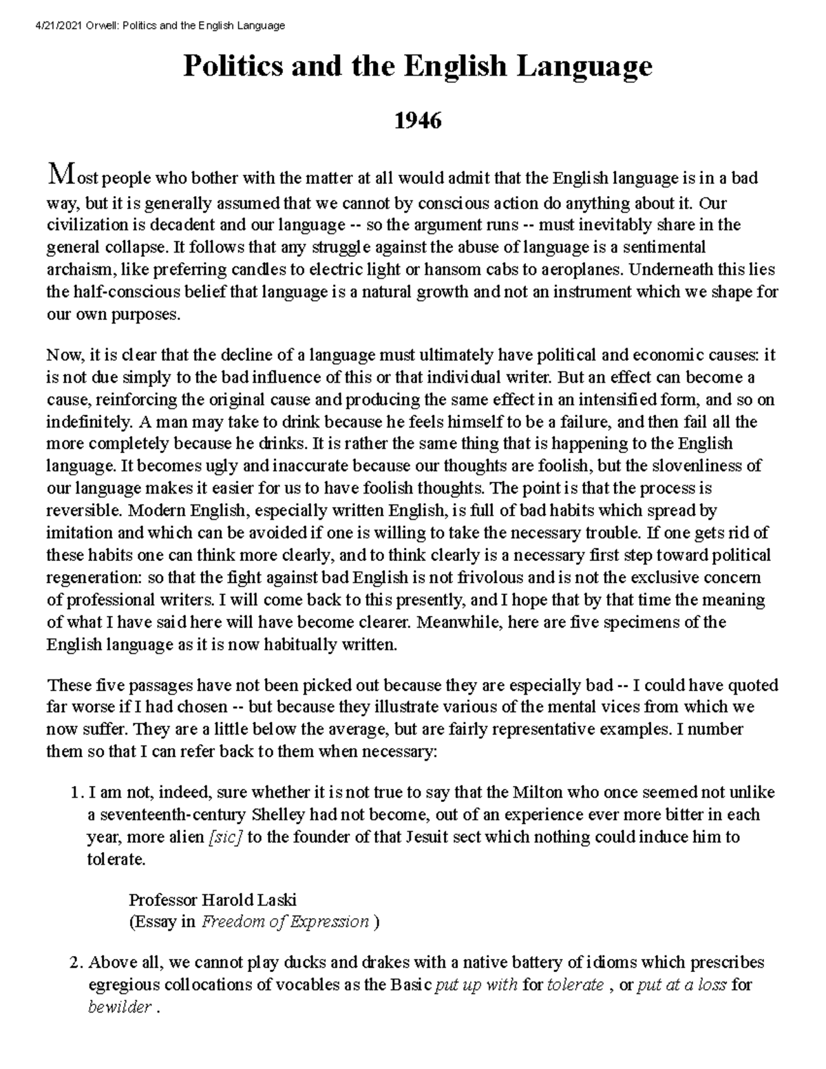 Orwell Politics and the English Language - 4/21/2021 Orwell: Politics ...