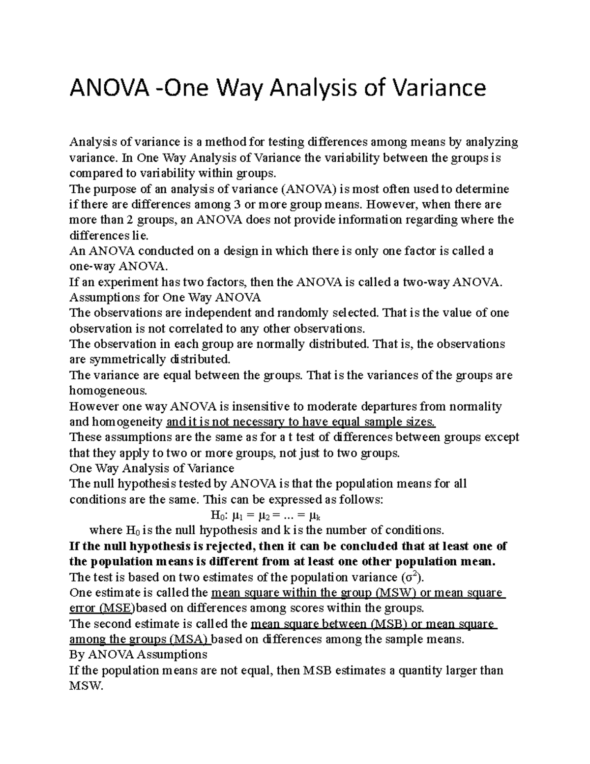 Anova One Way Analysis of Variance - ANOVA -One Way Analysis of ...