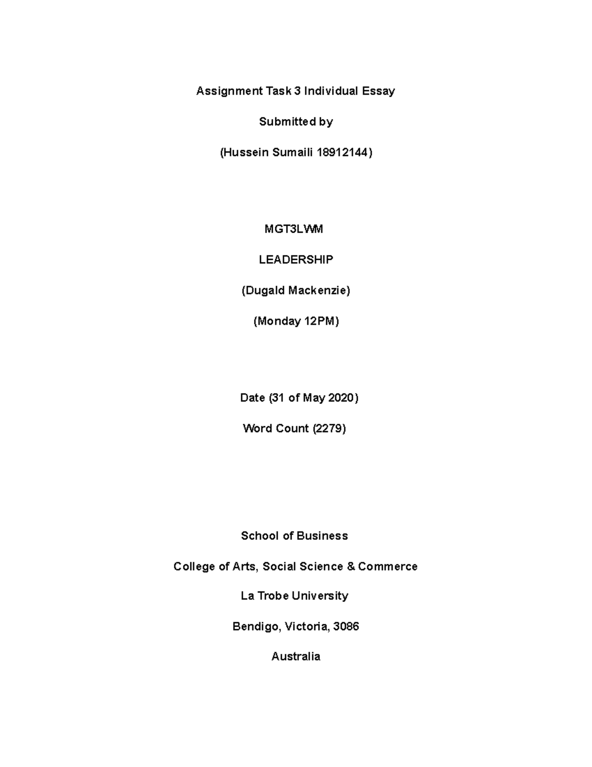 Assignment Task 3 Individual Essay ...